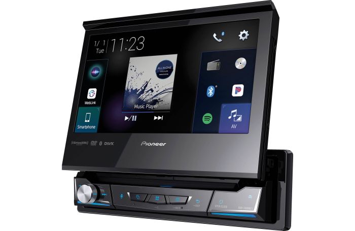 Single din head unit with flip out screen store